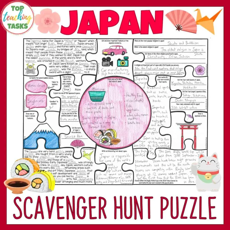 Japan Country Study Scavenger Hunt Puzzle Poster - Top Teaching Tasks