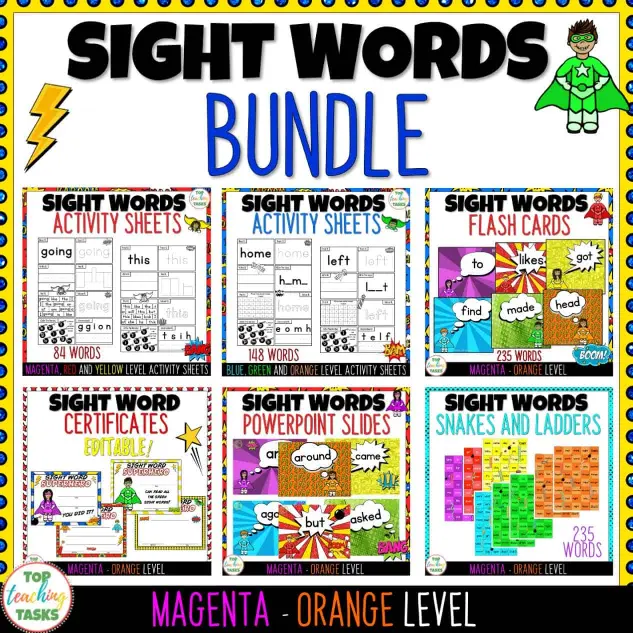 New Zealand Sight Words Bundle Magenta Red Yellow Blue Green Orange ...