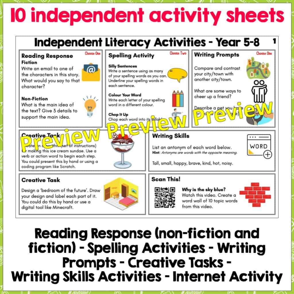 Independent Literacy Activities Year 5-8 Set One - Top Teaching Tasks