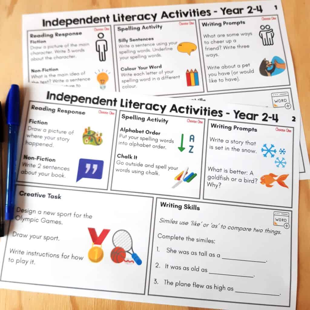 Independent Literacy Activities Year 2-4 Set One - Top Teaching Tasks
