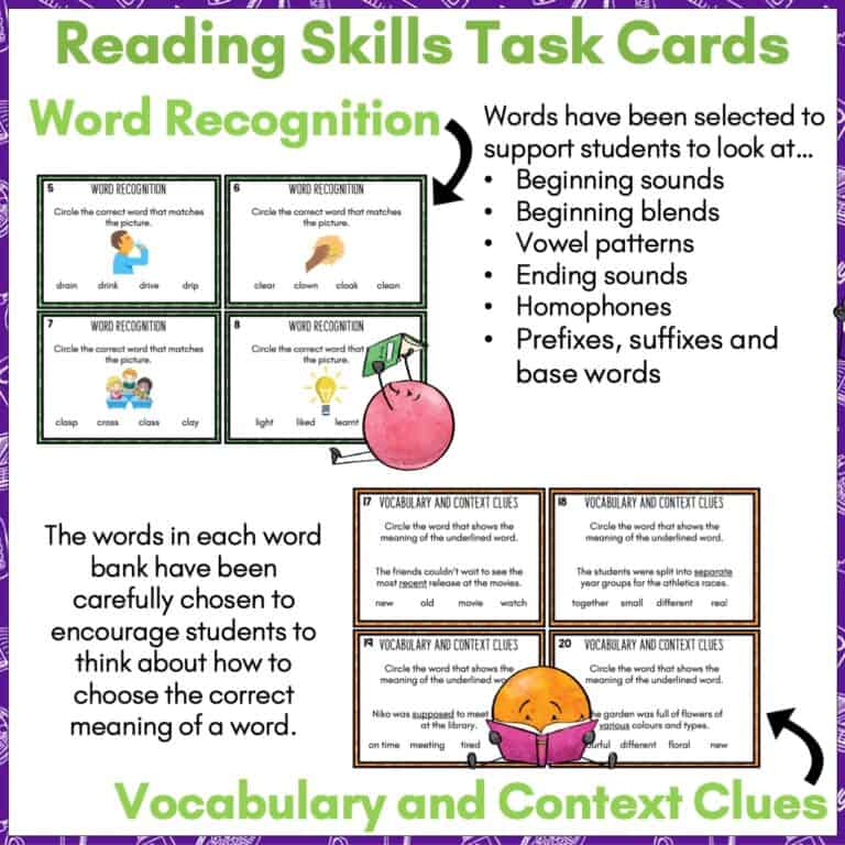Reading Skills Task Cards and Teaching Tools - Word Recognition and ...