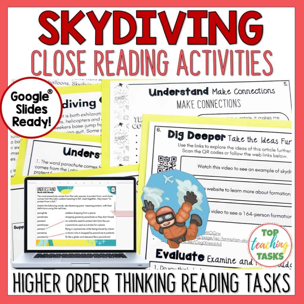 Skydiving Reading Comprehension Passage and Activities | Sports Reading ...