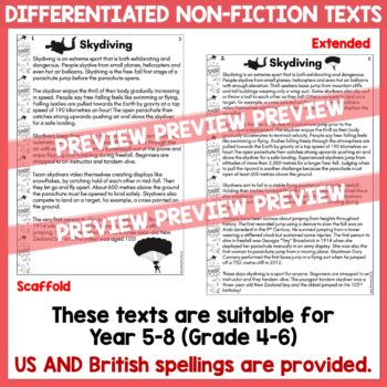 Skydiving Reading Comprehension Passage and Activities | Sports Reading ...