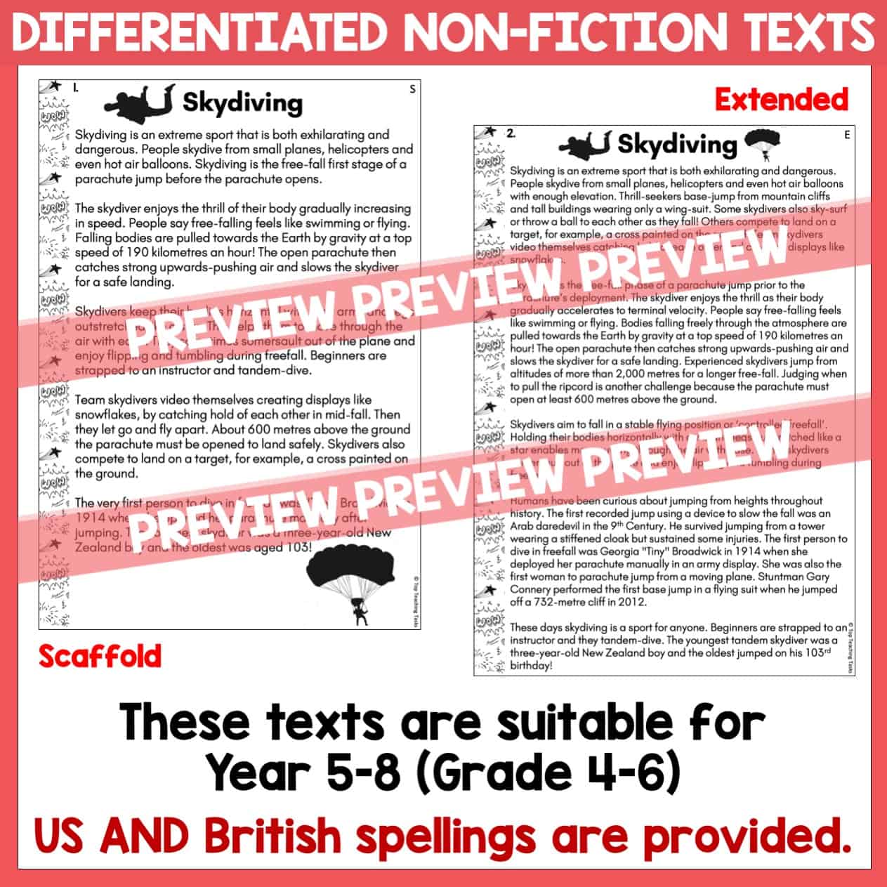 Skydiving Reading Comprehension Passage and Activities | Sports Reading ...