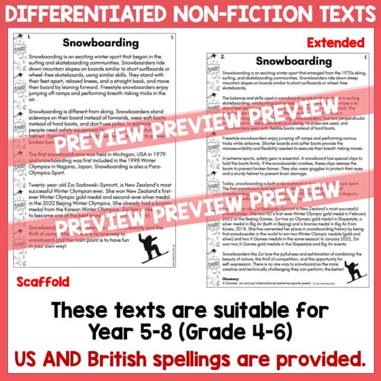 Snowboarding Reading Comprehension Passage and Activities | Sports ...