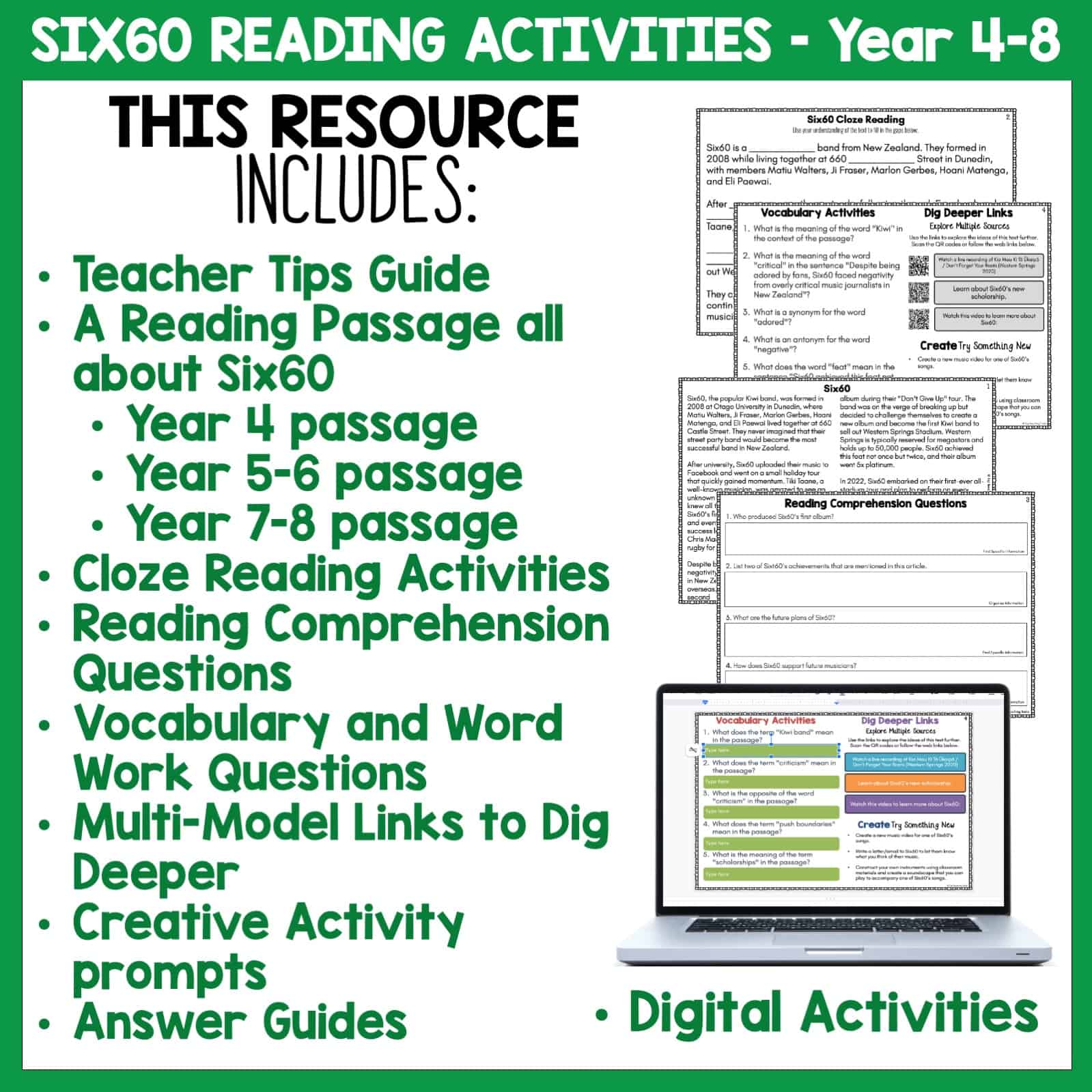 Six60 Reading Comprehension and Literacy Passages and Activities Year 4 ...