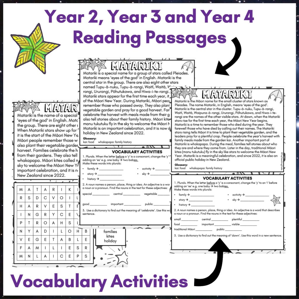 Matariki Reading Comprehension and Literacy Activities Year 2-4 Bundle ...