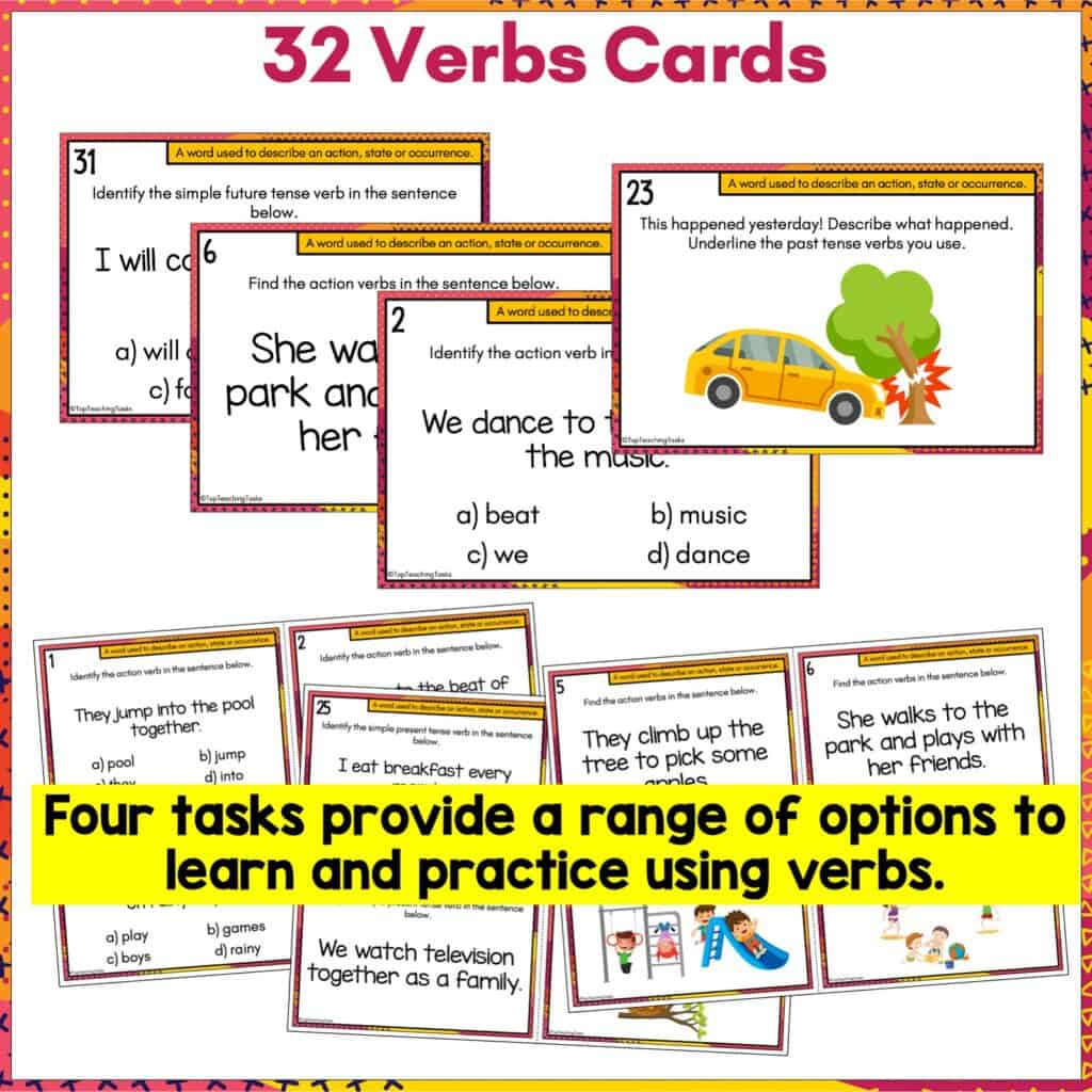 Verbs and Verb Tenses Task Cards | Grammar - Syntax Activities - Top ...