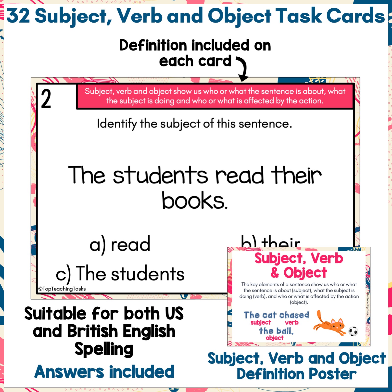 Subject, Verb and Object Task Cards | Grammar - Syntax Activities - Top ...