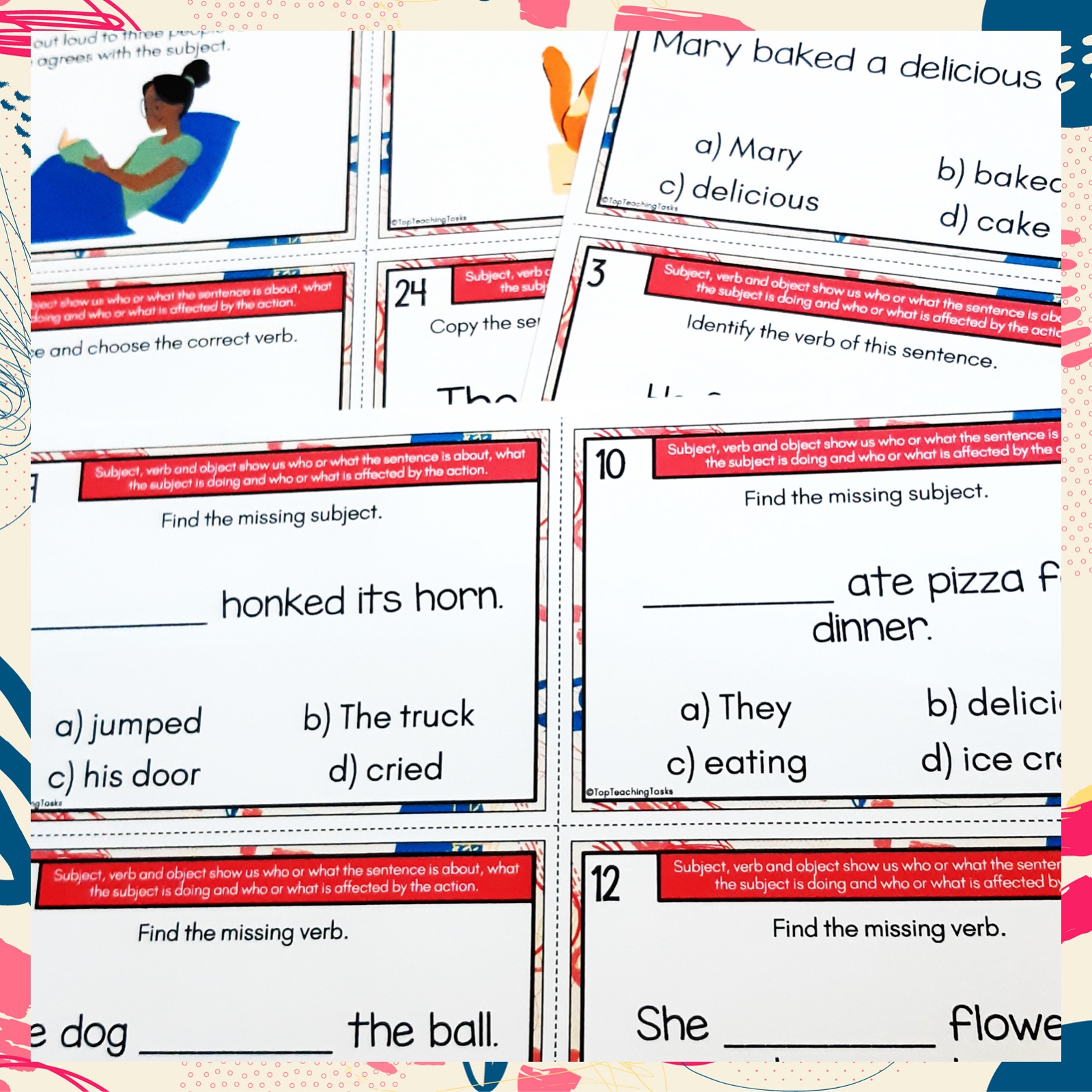 Subject, Verb and Object Task Cards | Grammar - Syntax Activities - Top ...