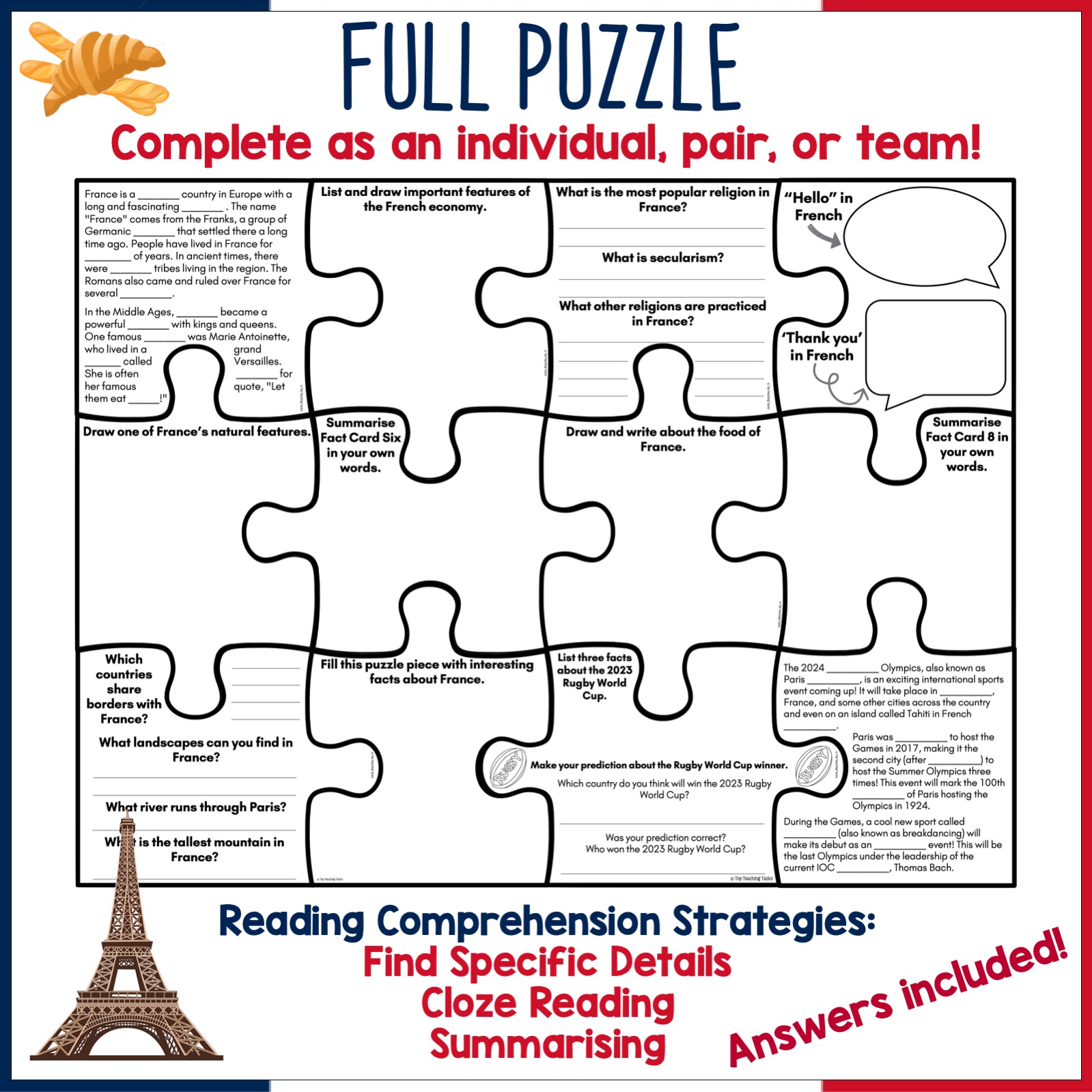 France Country Study Scavenger Hunt Puzzle Poster | France Reading ...