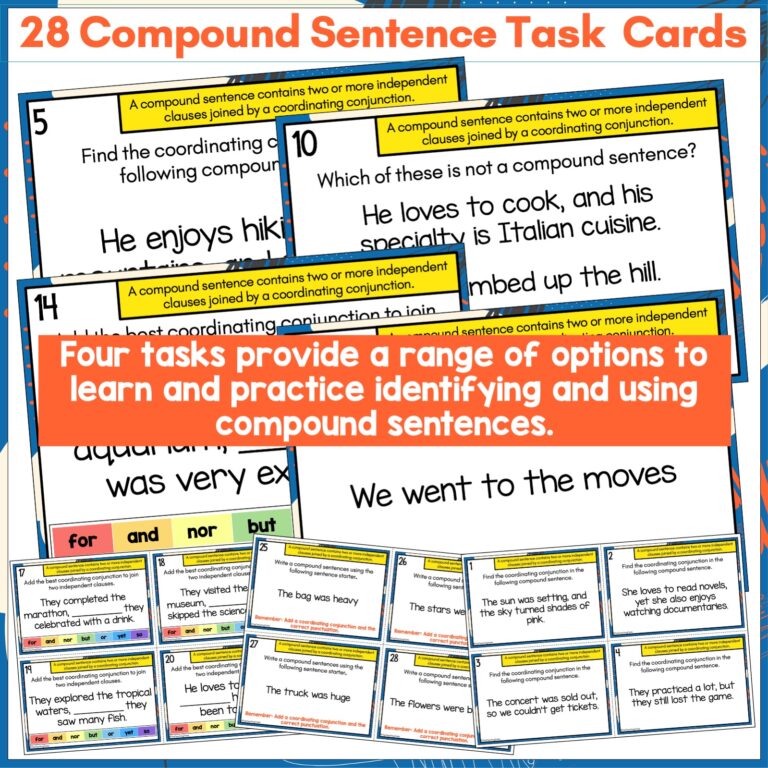 Compound Sentences Task Cards - Sentence Structure Activities - Top ...