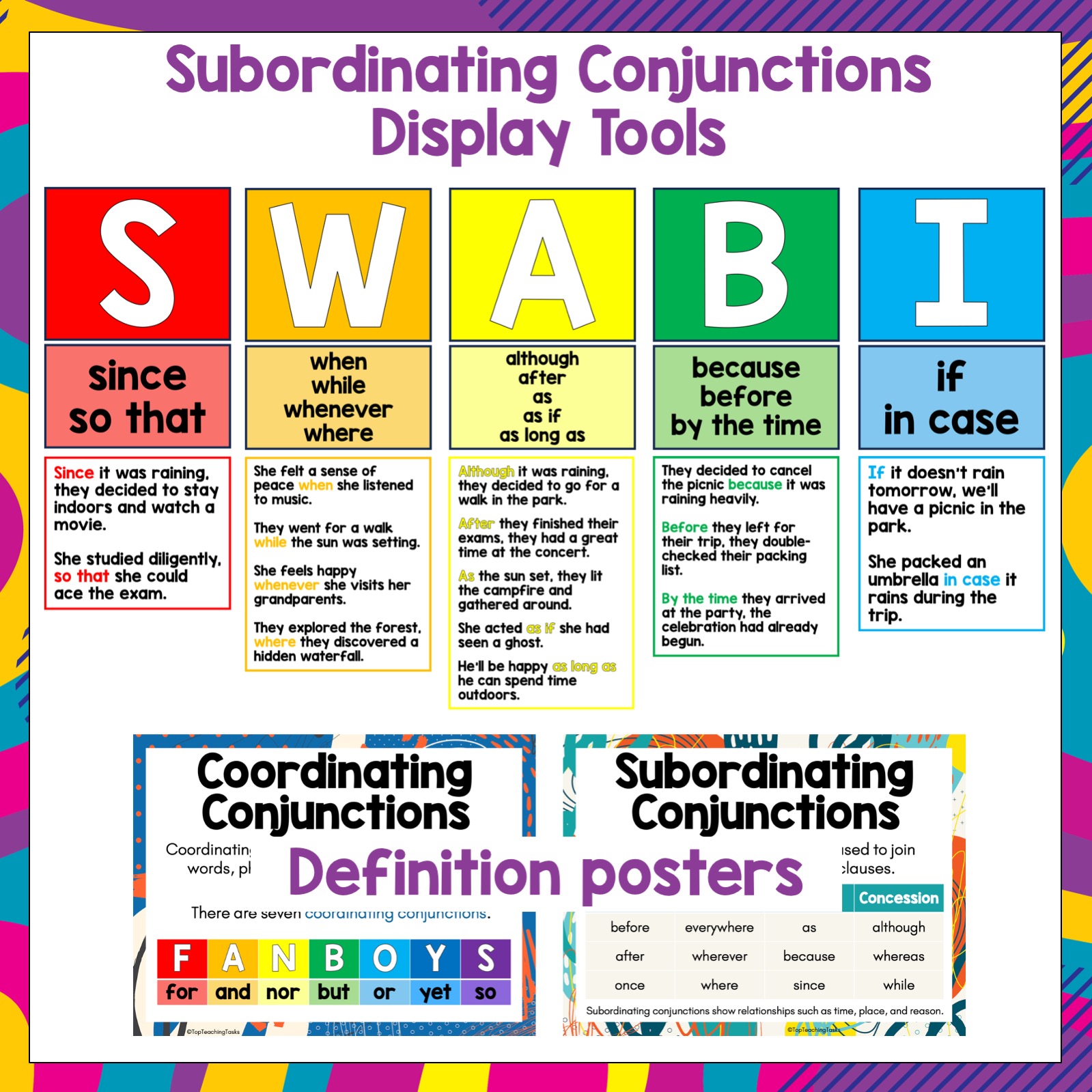 Coordinating Conjunctions and Subordinating Display Pack - Sentence ...