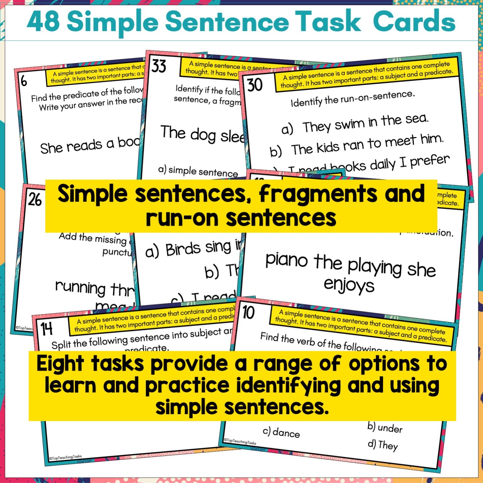 Simple Sentences, Fragments and Run-on Sentences Task Cards - Top ...