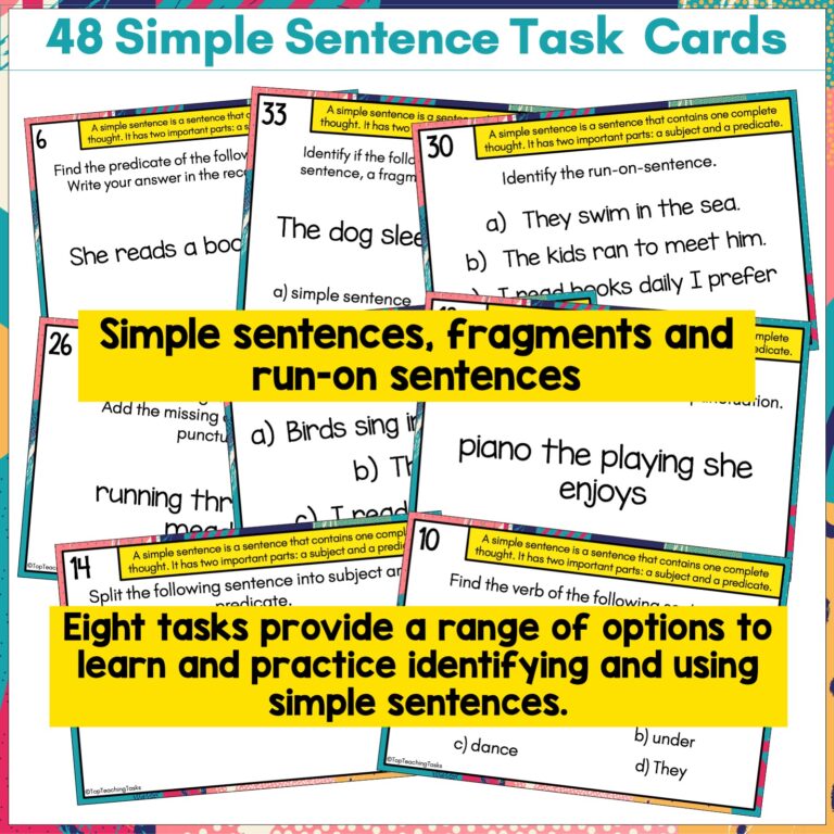 Simple Sentences, Fragments and Run-on Sentences Task Cards - Top ...