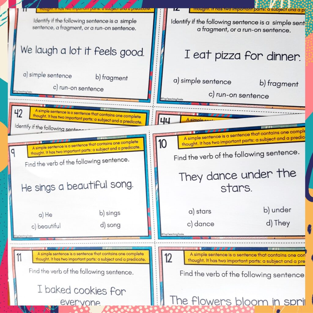 Simple Sentences, Fragments and Run-on Sentences Task Cards - Top ...