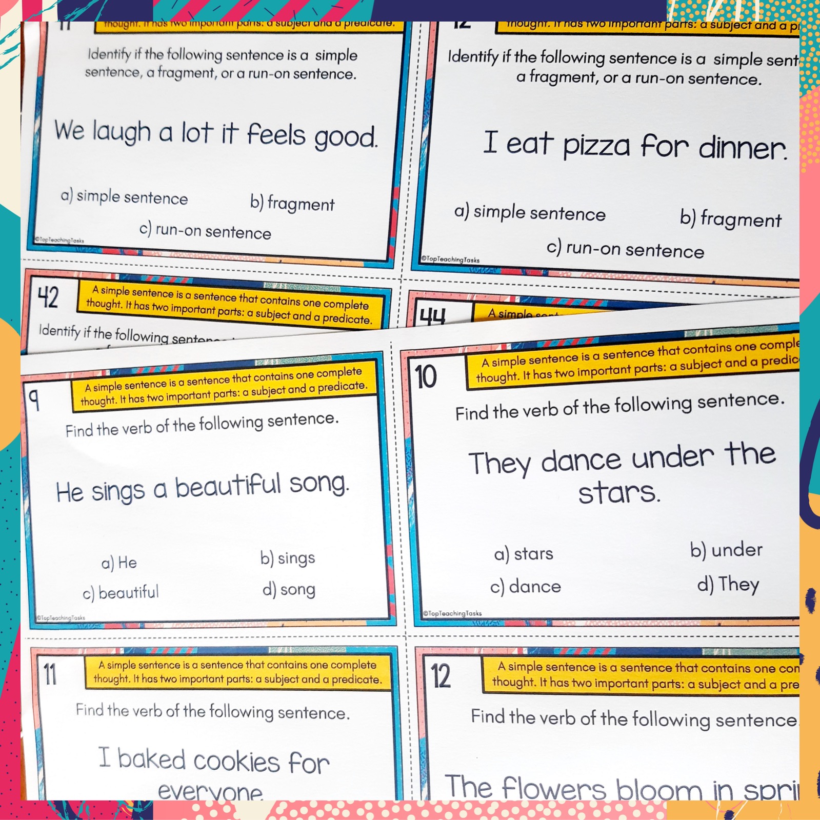 Simple Sentences, Fragments and Run-on Sentences Task Cards - Top ...