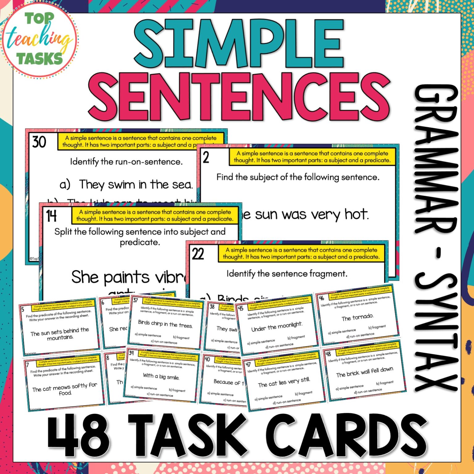 Simple Sentences, Fragments and Run-on Sentences Task Cards - Top ...