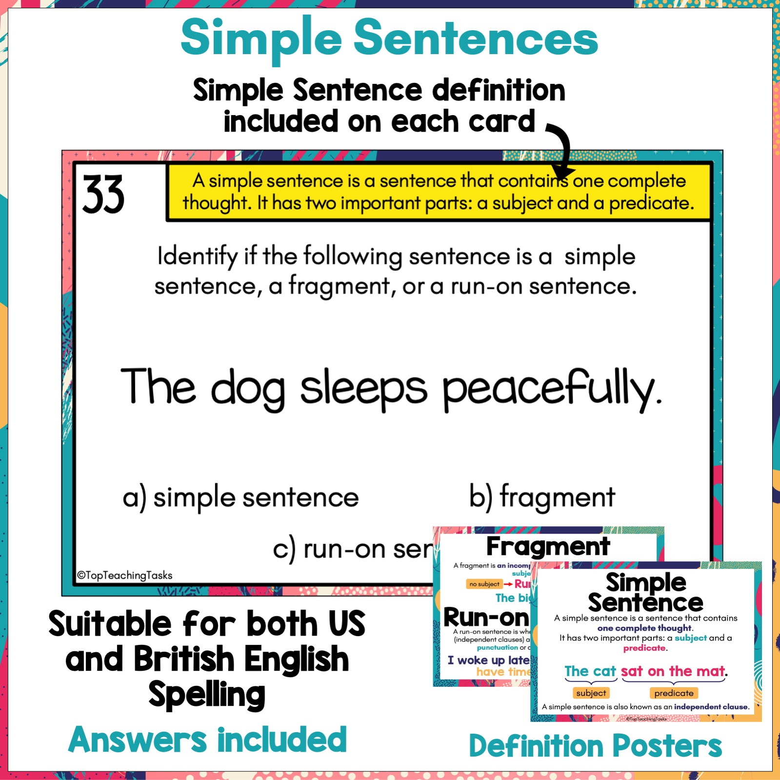 Simple Sentences, Fragments and Run-on Sentences Task Cards - Top ...