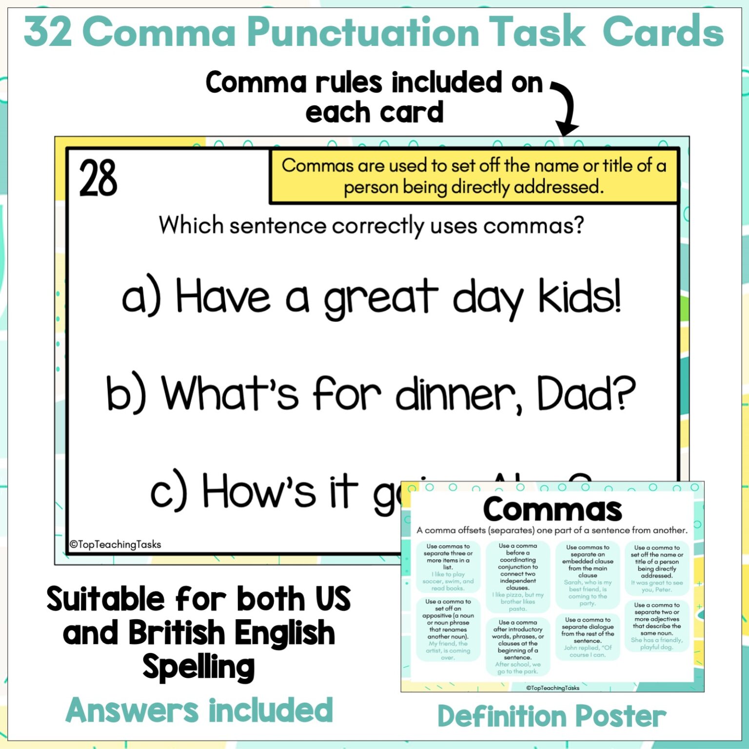 Commas Task Cards - Commas Punctuation Activities - Top Teaching Tasks