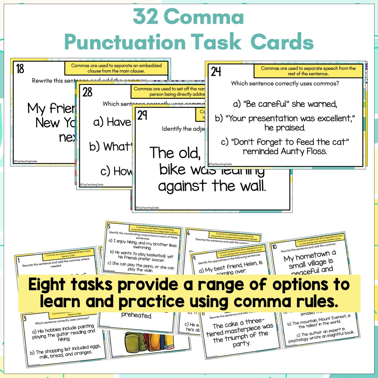 Commas Task Cards - Commas Punctuation Activities - Top Teaching Tasks