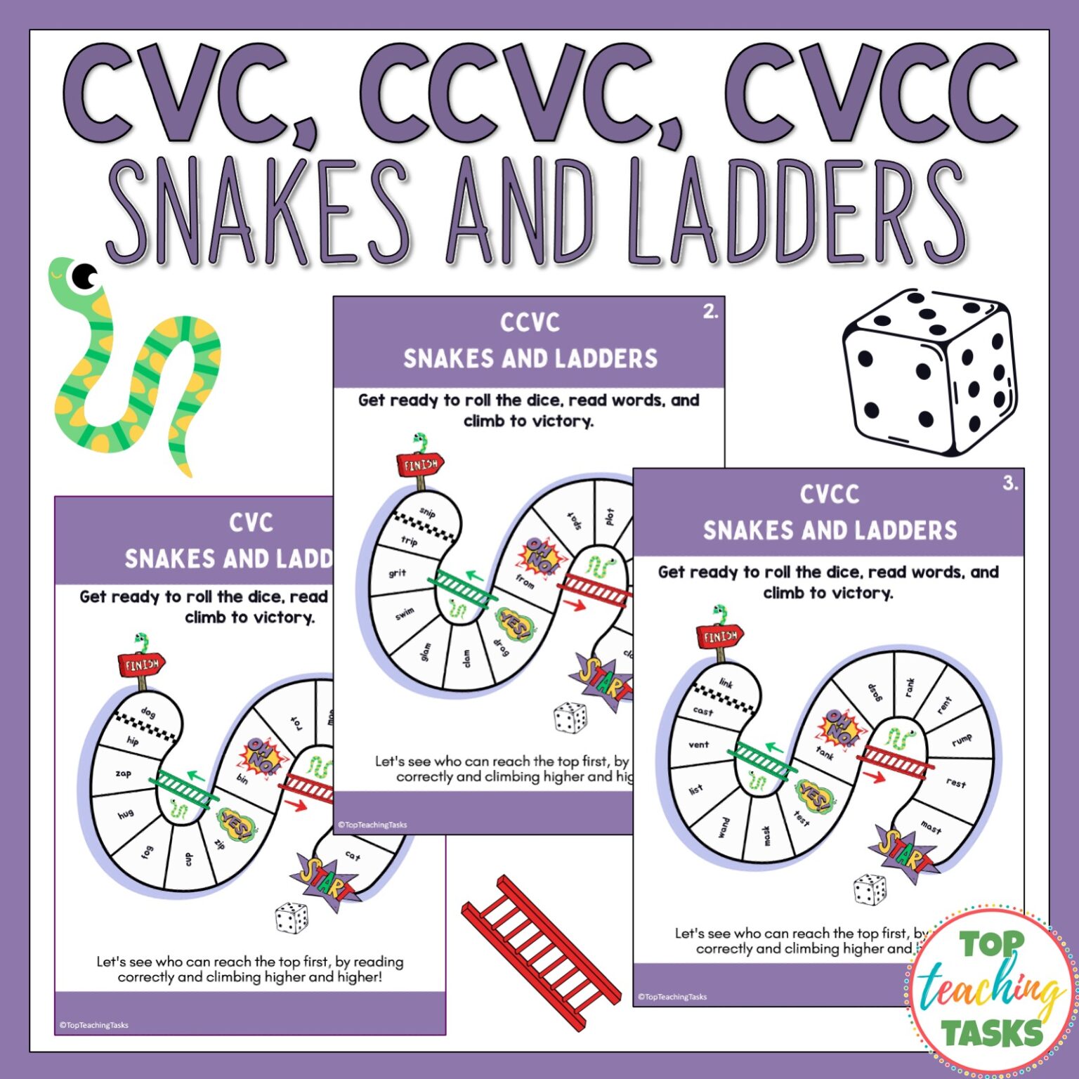 CVC, CCVC and CVCC Snakes and Ladders Game - Top Teaching Tasks