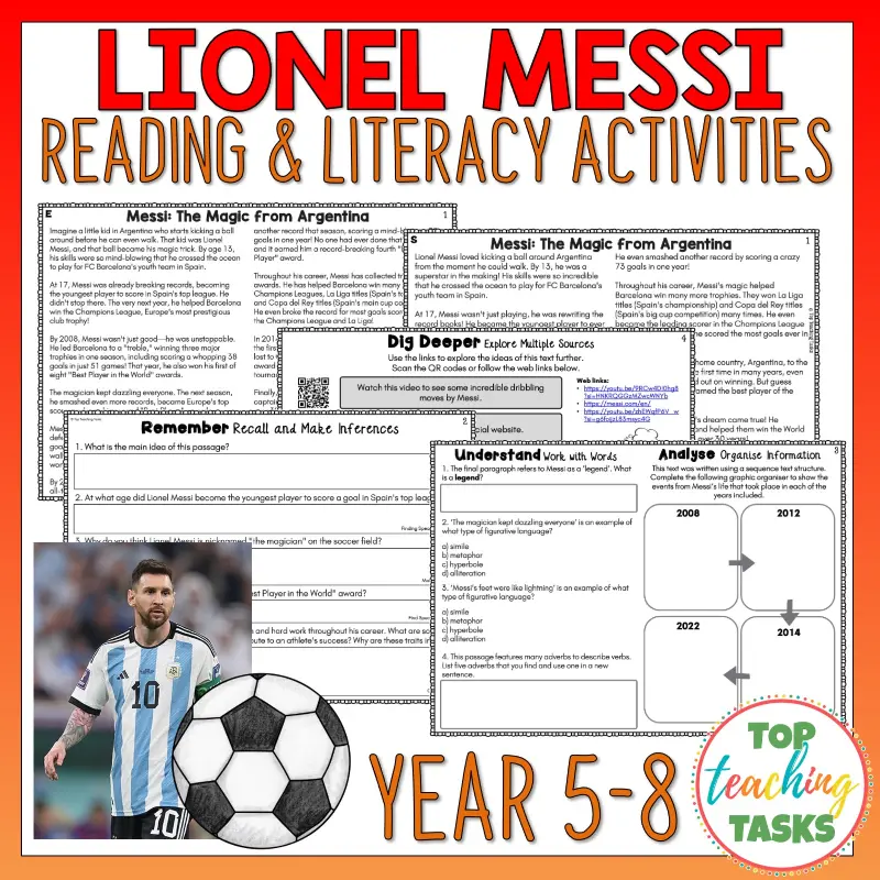 Lionel Messi Reading Comprehension and Literacy Passages and Activities ...