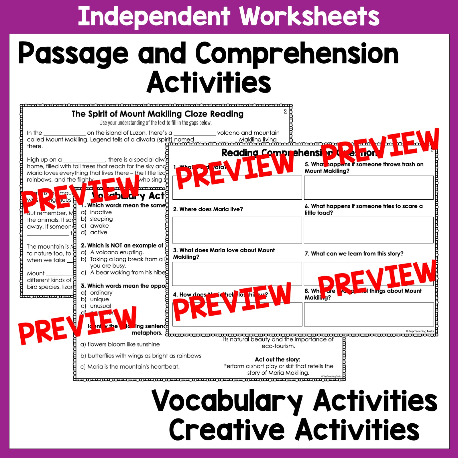 Philippines Legend Reading Comprehension and Literacy Activities Year 1 ...
