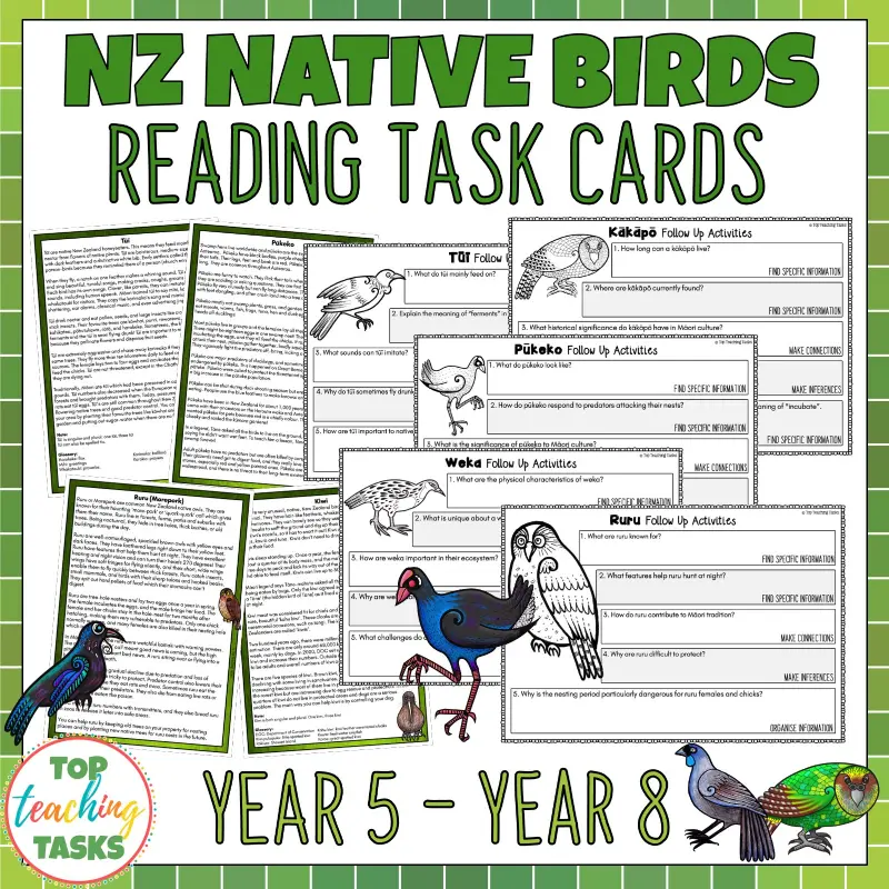 New Zealand Native Birds Reading Comprehension Activities Year 5-8 ...