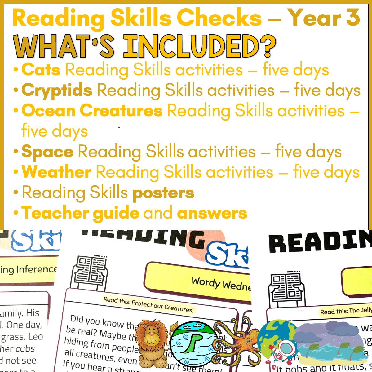 Reading Skills Checks Big Cats, Cryptids, Ocean Creatures, Weather and ...